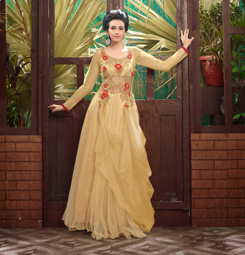 Beige Soft Net Party Wear Gown 57027