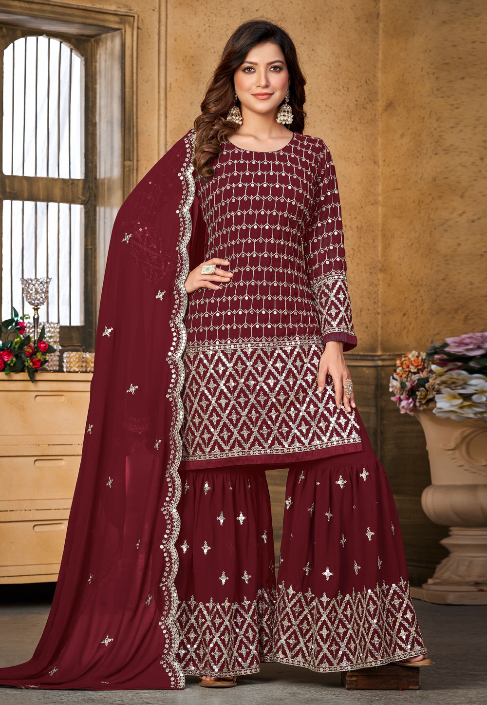 Maroon Faux Georgette Sharara Suit 267091