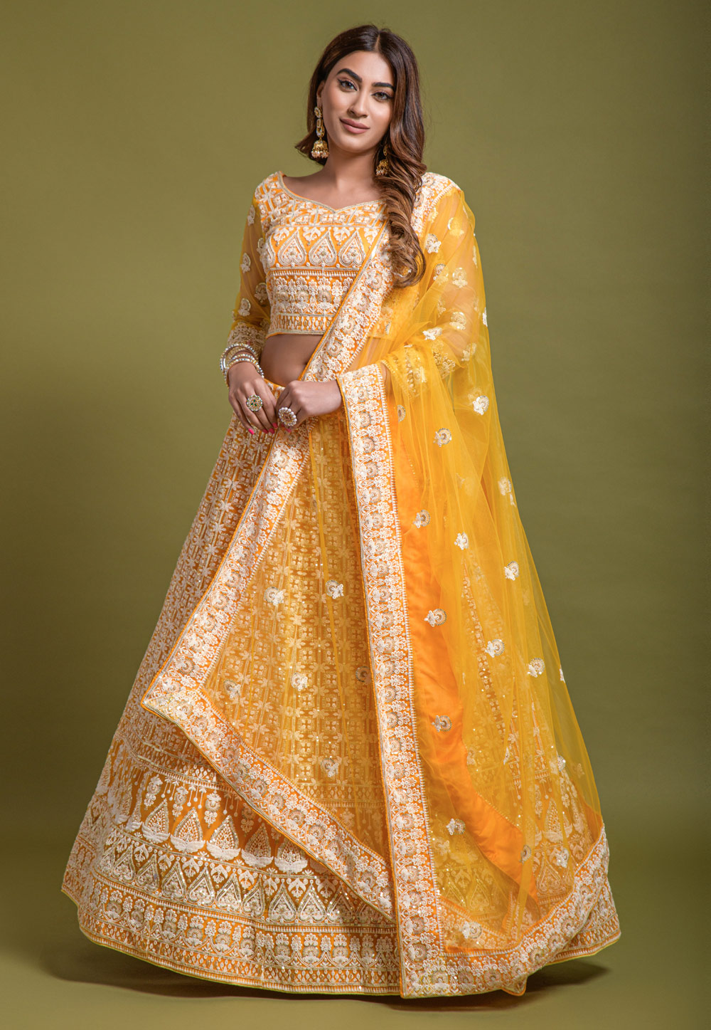 Orange Net A Line Lehenga Choli 257945
