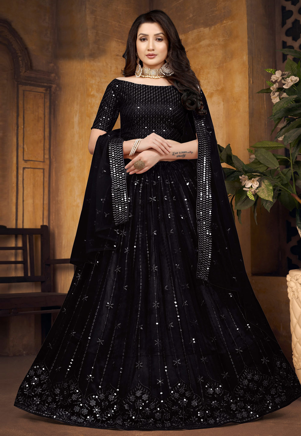 Black Net Circular Lehenga Choli 258556