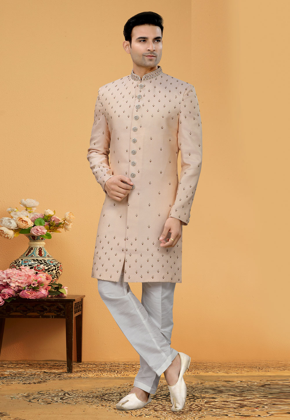 Light Pink Art Silk Achkan Style Sherwani 261165
