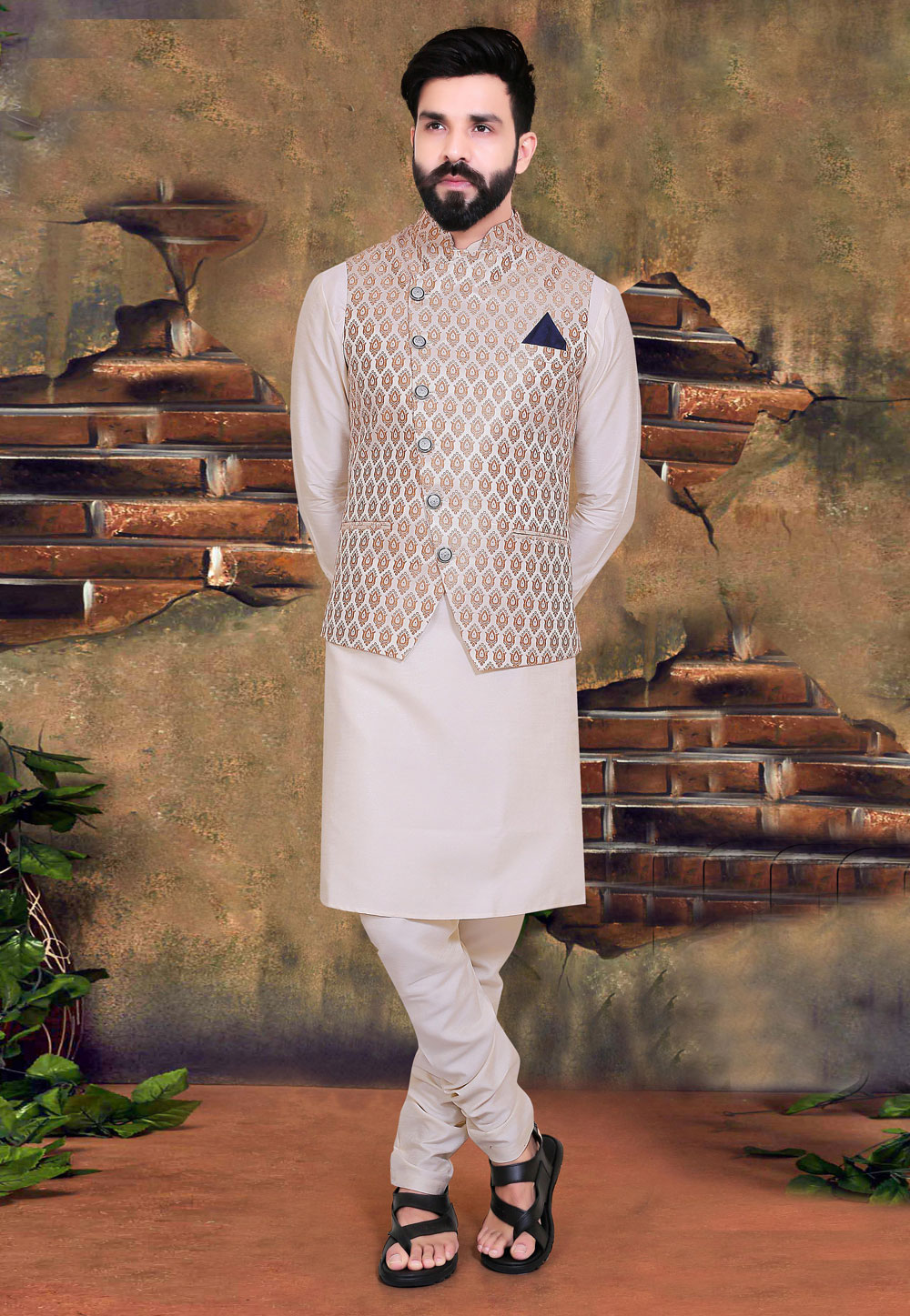 Cream Silk Kurta Pajama With Jacket 244354