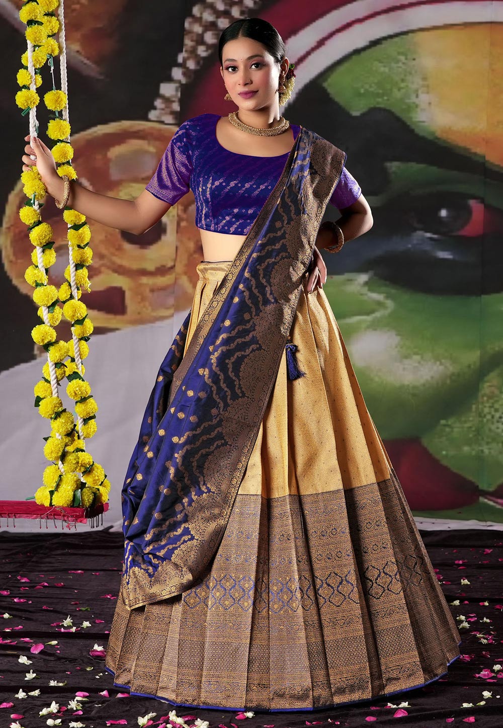 Navy Blue Banarasi Circular Lehenga Choli 278615