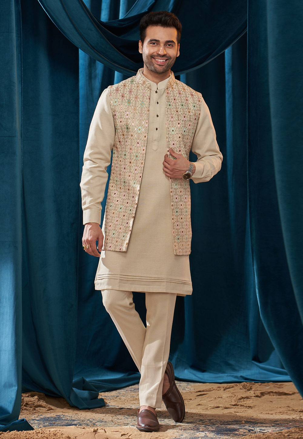 Beige Linen Jacket Style Sherwani 262402
