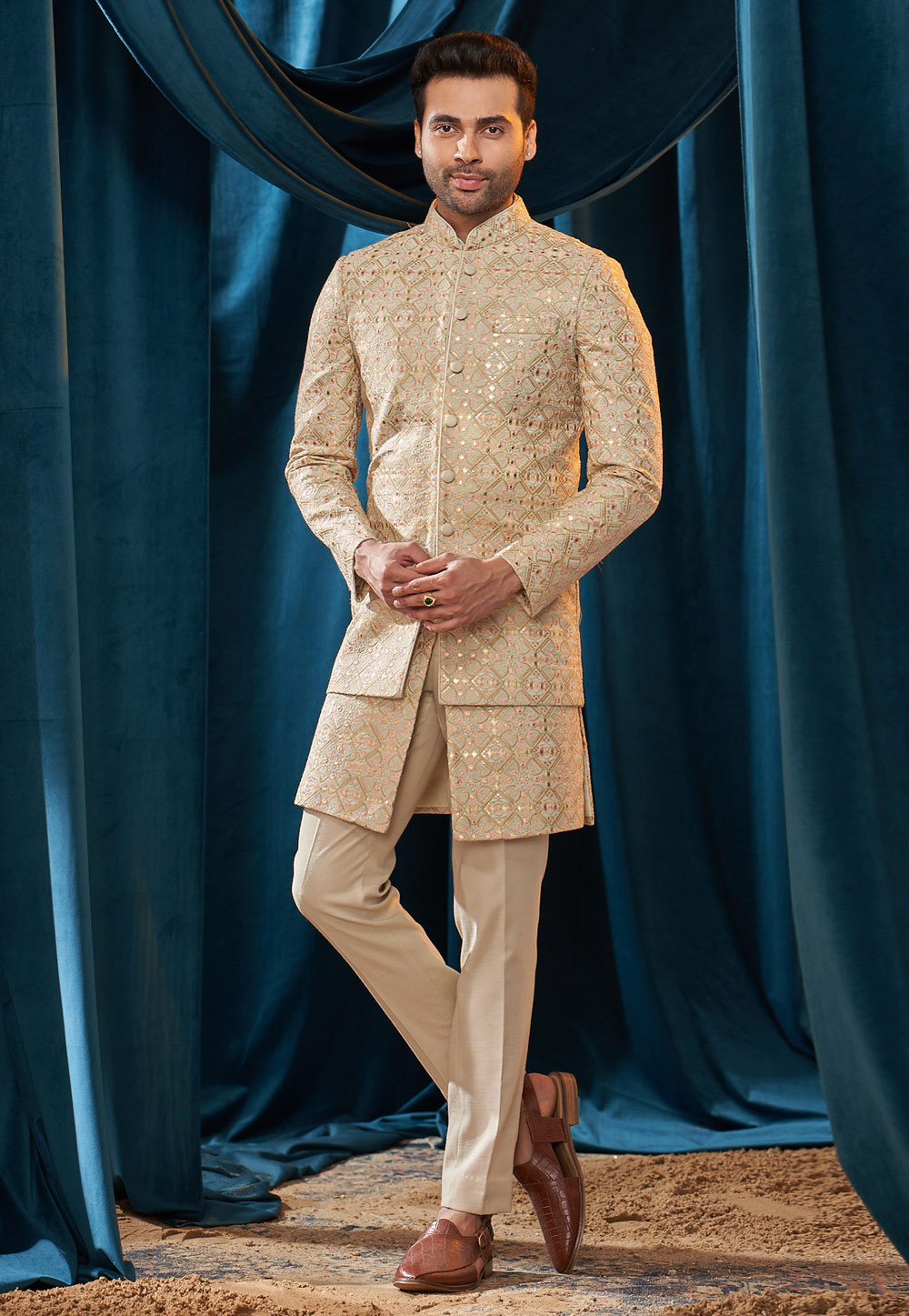 Beige Linen Jacket Style Sherwani 262407
