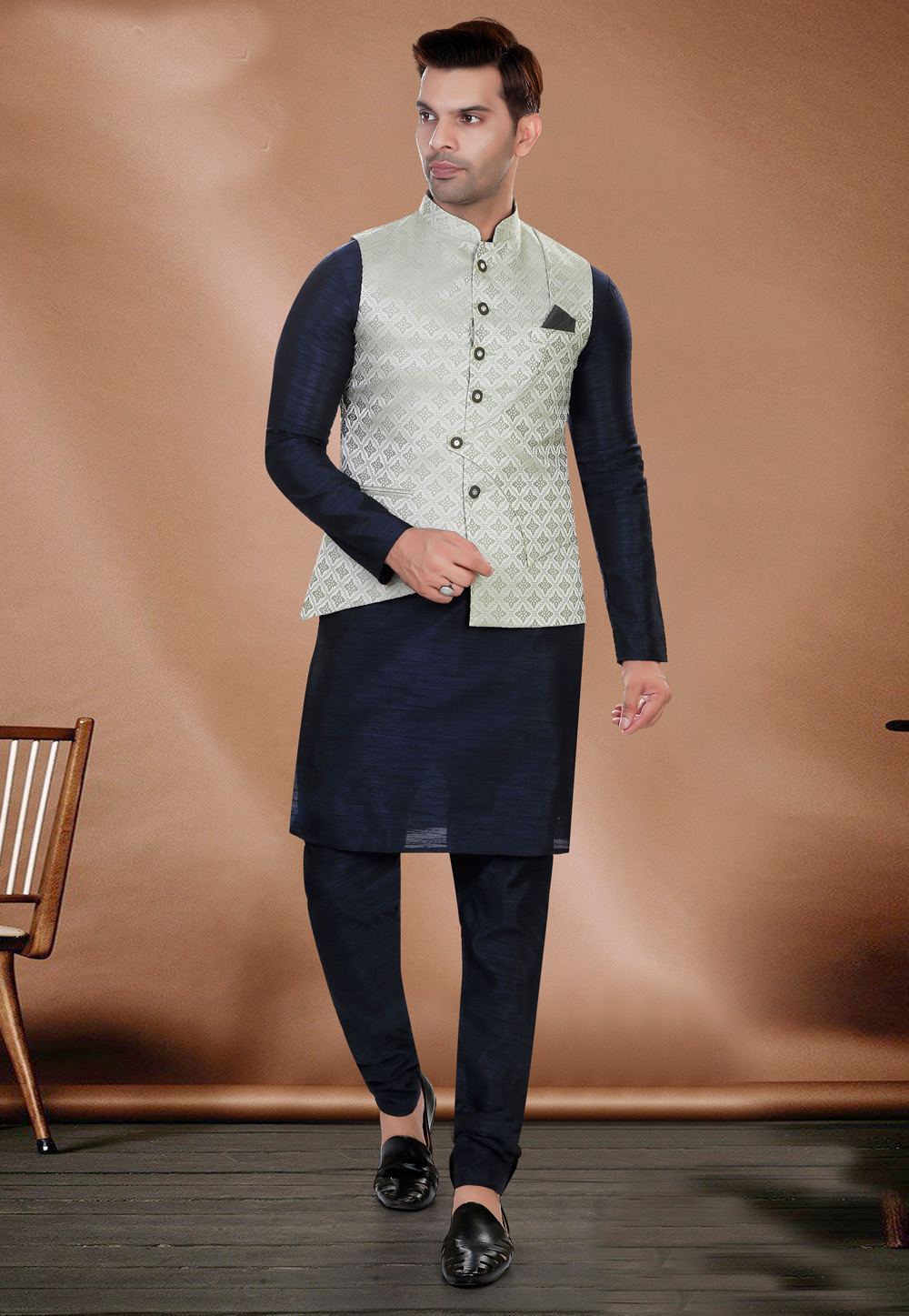 Navy Blue Art Silk Kurta Pajama With Jacket 275153