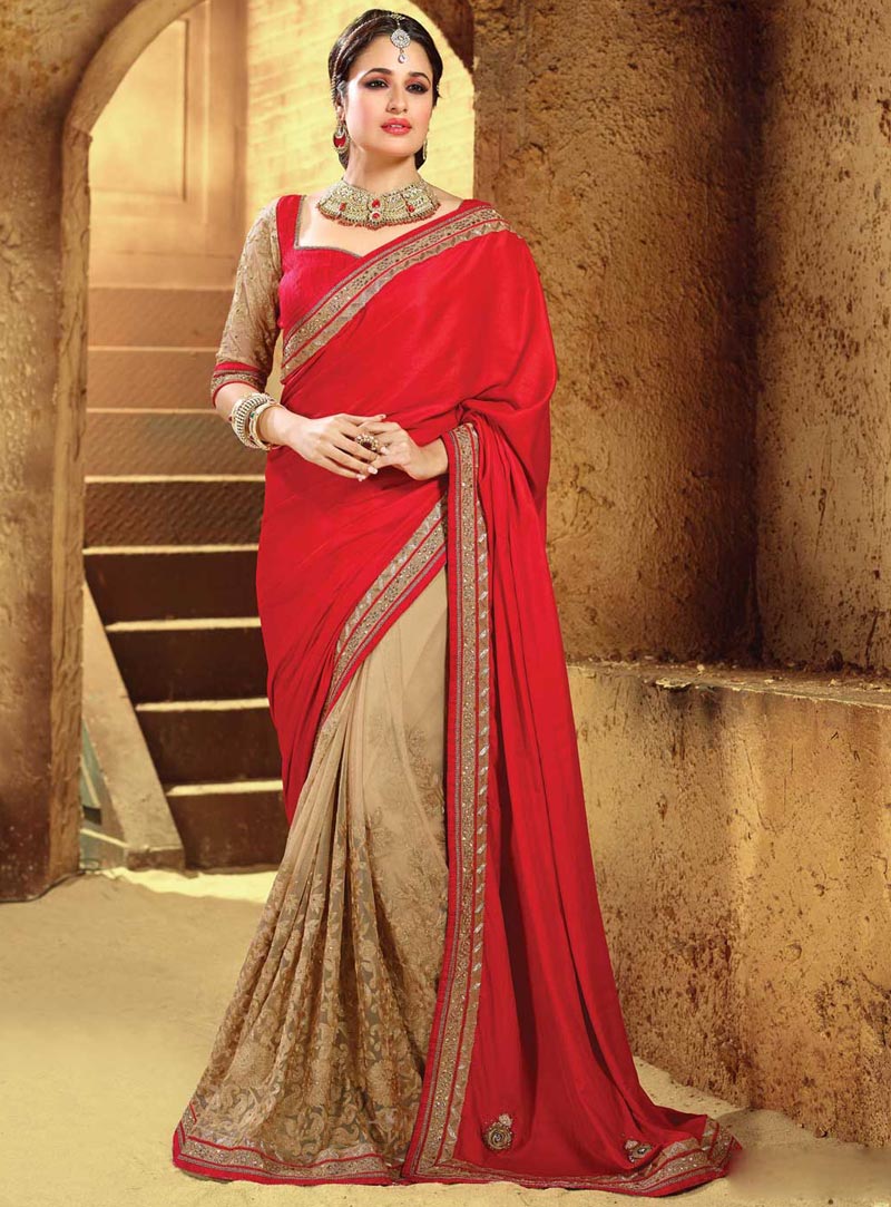 Red Net Half and Half Saree With Blouse 61058