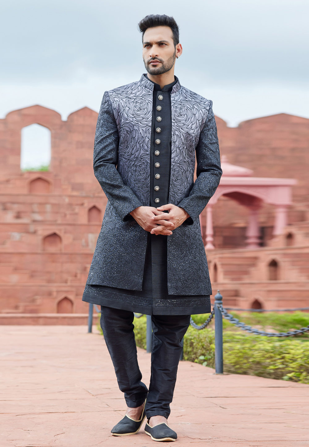Grey Art Silk Jacket Style Sherwani 275763