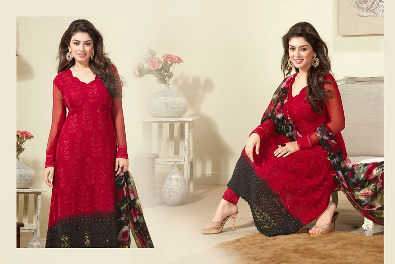 Hansika Motwani Red Party Wear Salwar Suit 36174
