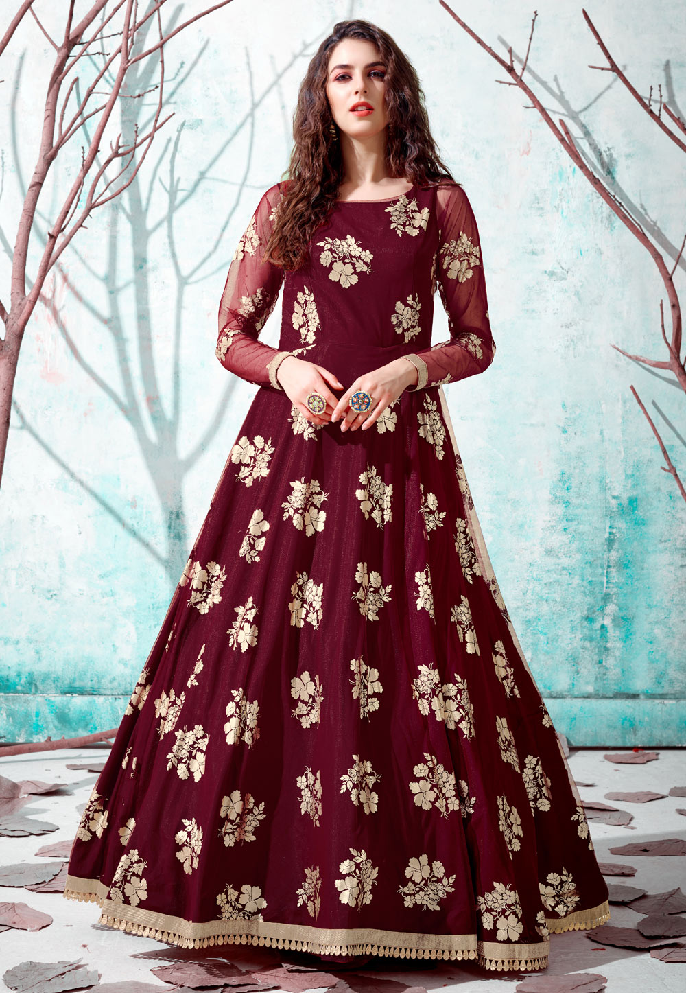Maroon Net Party Wear Gown 221537