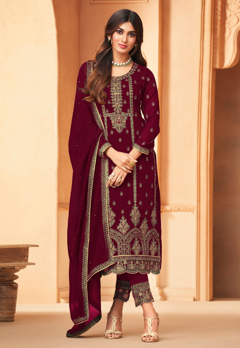 Maroon Faux Georgette Embroidered Pakistani Suit 257766