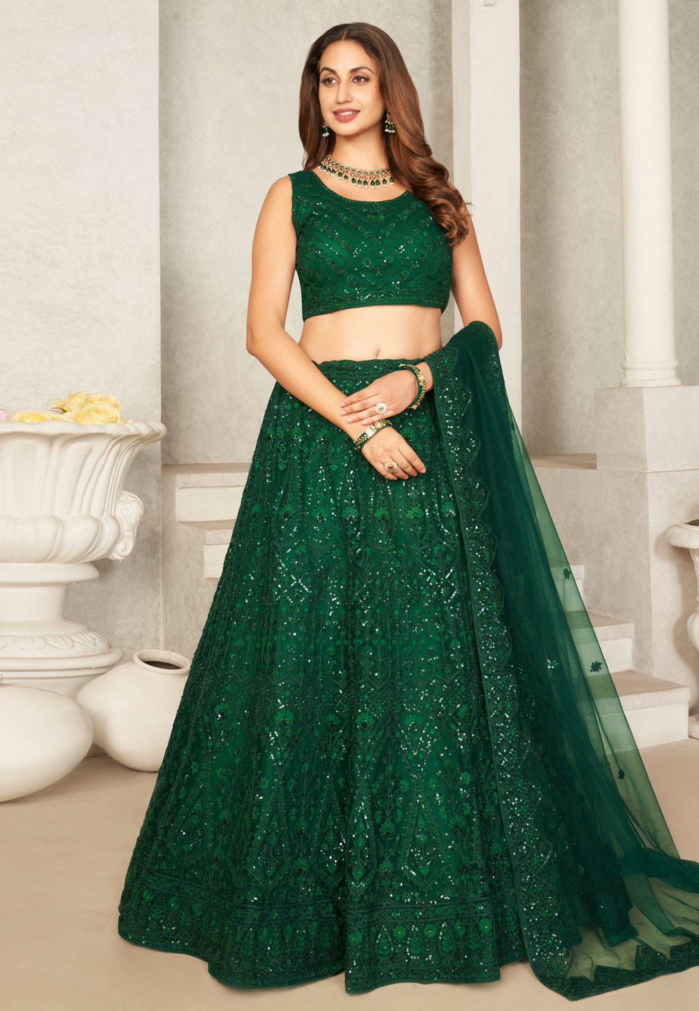 Green Net Lehenga Choli 278665