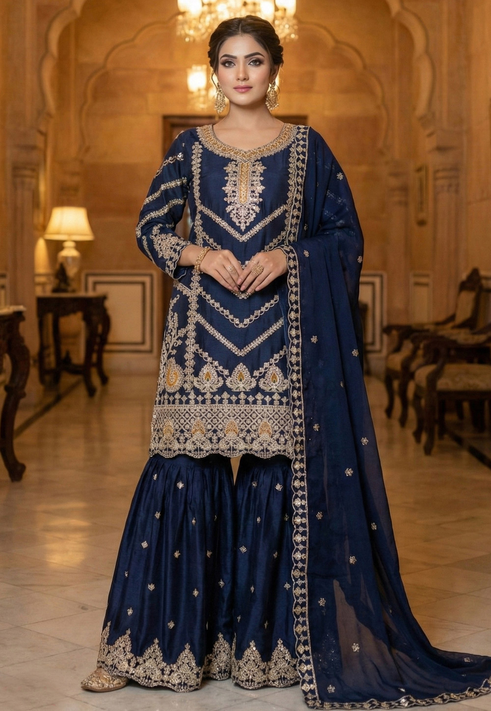Navy Blue Chinon Readymade Sharara Suit 322719