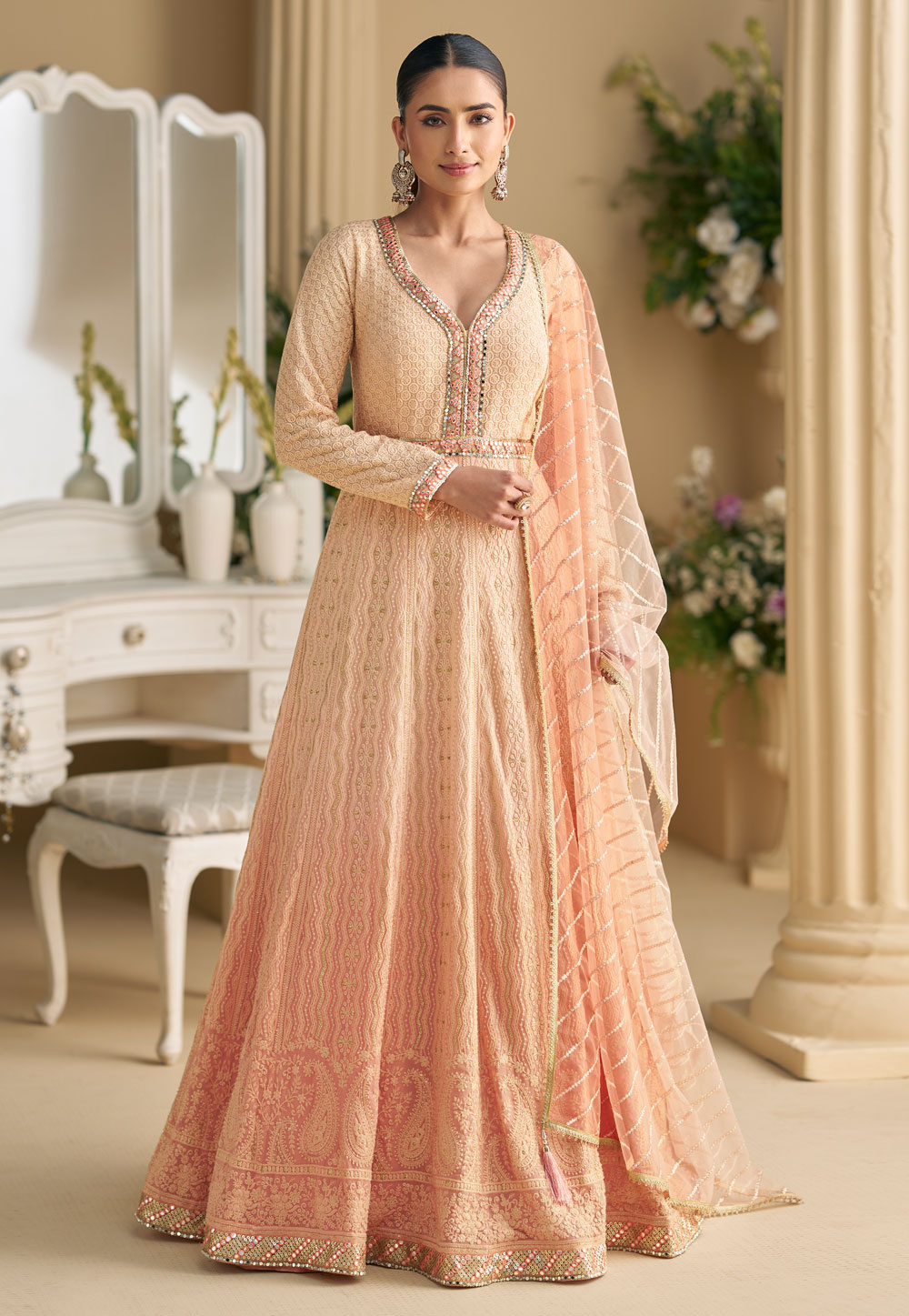 Peach Georgette Embroidered Long Anarkali Suit 322819
