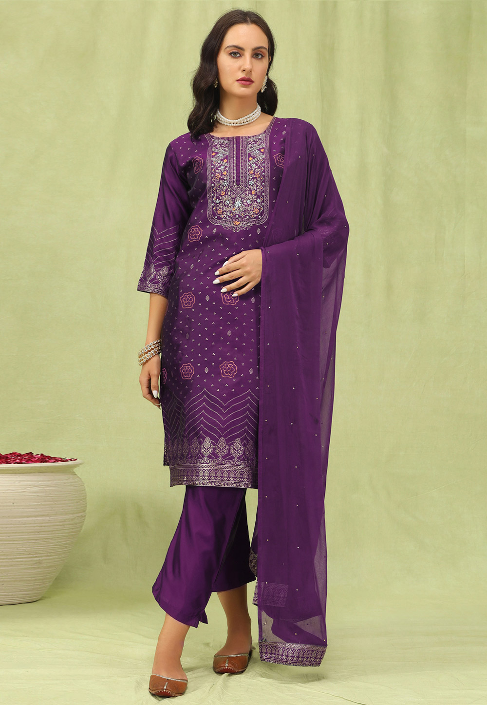 Purple Cotton Silk Readymade Pant Style Suit 318906