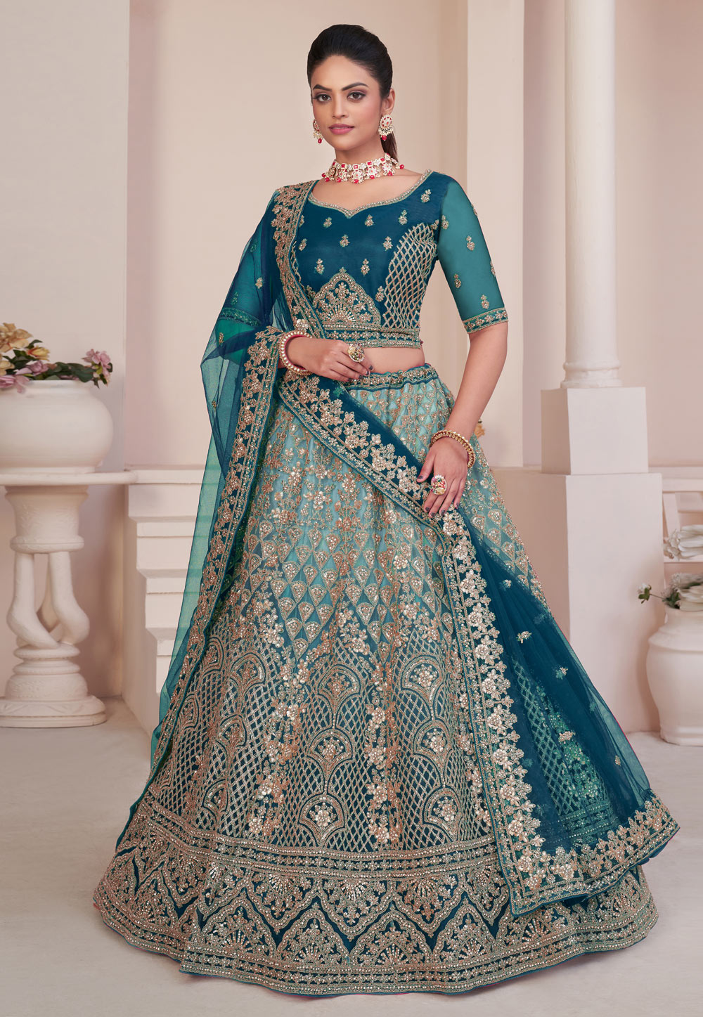 Teal Net Circular Lehenga Choli 280341